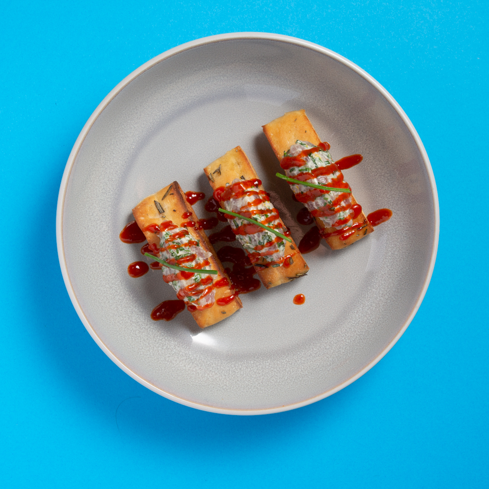 Spicy Tuna Tartare Topped Toasted Focaccia Bread And Sriracha Sauce ...